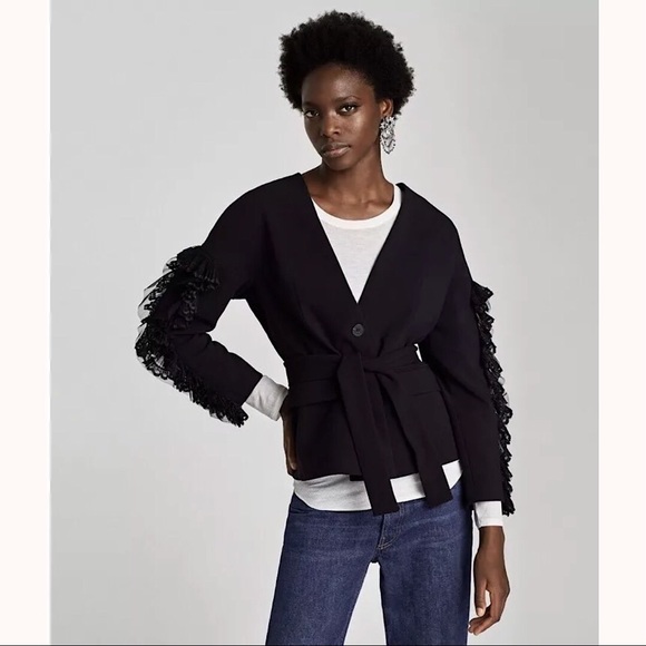 Zara | Jackets & Coats | Zara Ruffled Shirtjacket With Button Detail ...